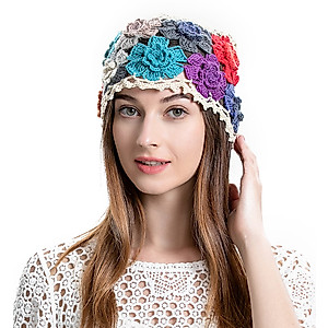 ZLYC Women Cotton Crochet Skull Cap Handmade Knit Cutout Floral Beanie Hat (Flowers Beige)