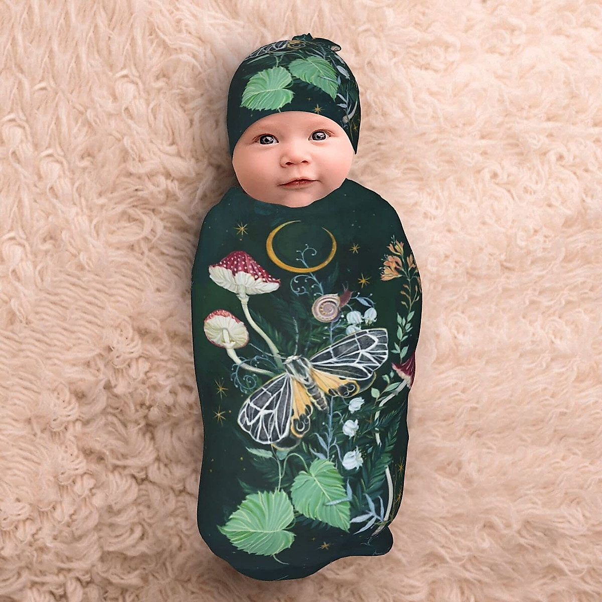 Belinyo Mushroom Newborn Swaddle Sleeping Bag Baby Receiving Blanket with Beanie Hat Infant Swaddle for Girls Boys, One Size
