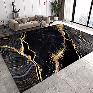 Luxury Black Gold Marble Area Rug, Abstract Night Sky Grey Line Art Indoor Rugs, Non-Slip Machine Washable Carpet for Living Room Bedroom Apartment Home Decor - 6 ft x 4 ft