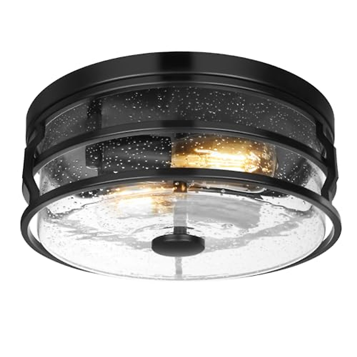 Flush Mount Ceiling Light Fixture, 12 Inch Close to Ceiling Light with Black Metal Cage, Modern Industrial Ceiling Lamp with Seeded Glass for Kitchen Hallway Bedroom Living Room Foyer