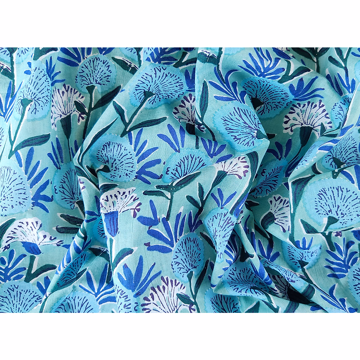 Craftbot Hand Block Print Fabric by The Yard - PRECUT 1 Yard 42 Inch Width - 100% Cotton Material - Aqua and Blue Floral Pattern - Light Weight Indian Cloth for Making Summer Dress Tops Project etc
