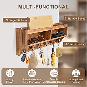 Key Holder Wall Mount - Mail Organizer Wall Mount with 6 Key Hooks and Storage Box for Sunglasses Storage and Dog Leash Holder Home Decor Rack Apartment Essentials Farmhouse Shelf Entryway Organizer