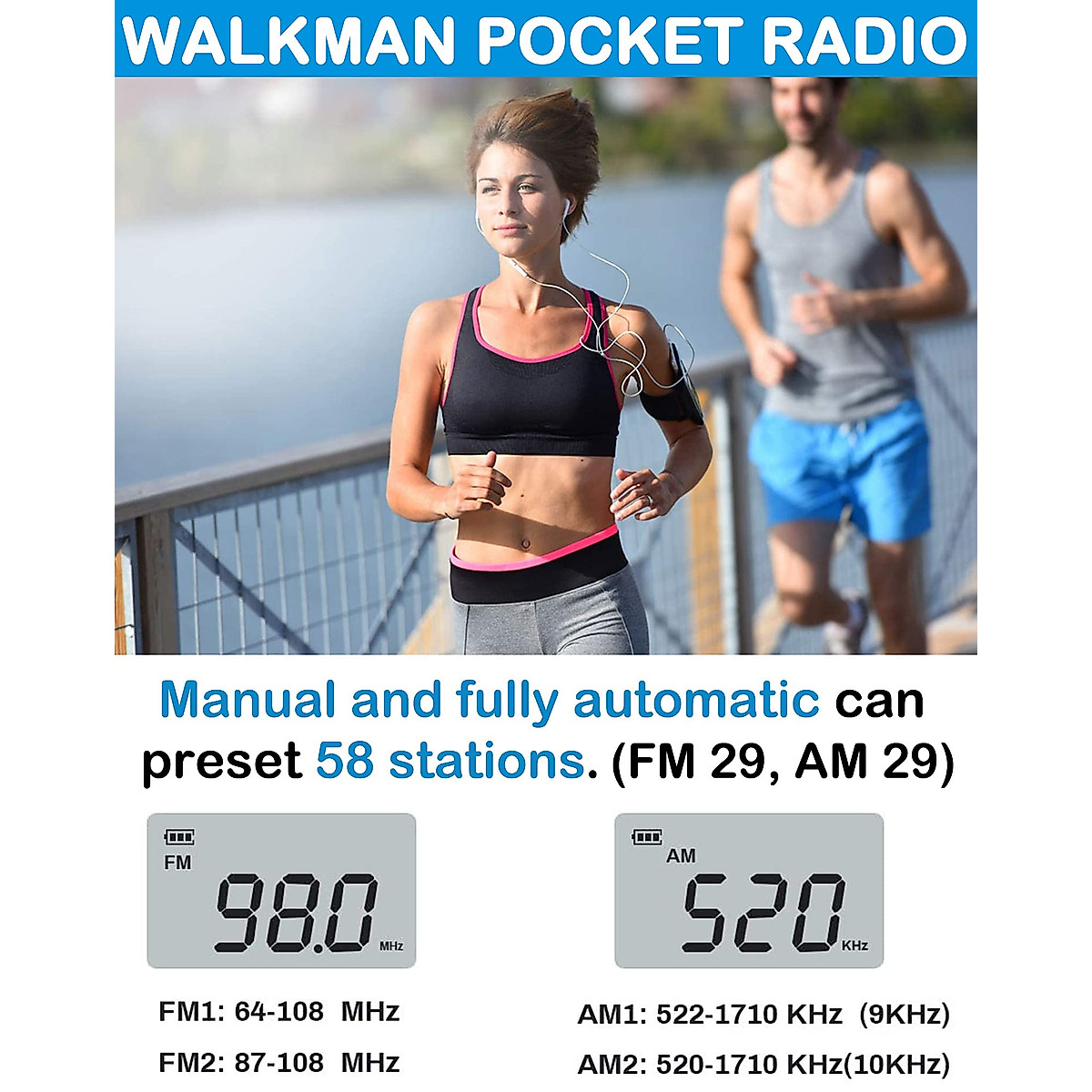 HanRongDa Portable Radio AM/FM Walkman with Excellent Reception and Stereo Sound, Pocket Radios with 58 Preset Stations, Built-in 500mAh Battery for Walking, Jogging, Mowing and Traveling HRD-103