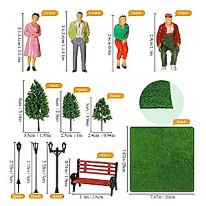 55 Pcs Model Trains Architectural Scale Painted Figures, Include 30 Miniature People 5 Street Lamps 11 Mixed Model Trees 5 Model Park Street Seat 4 Fake Grass for Miniature Scene (1:50)