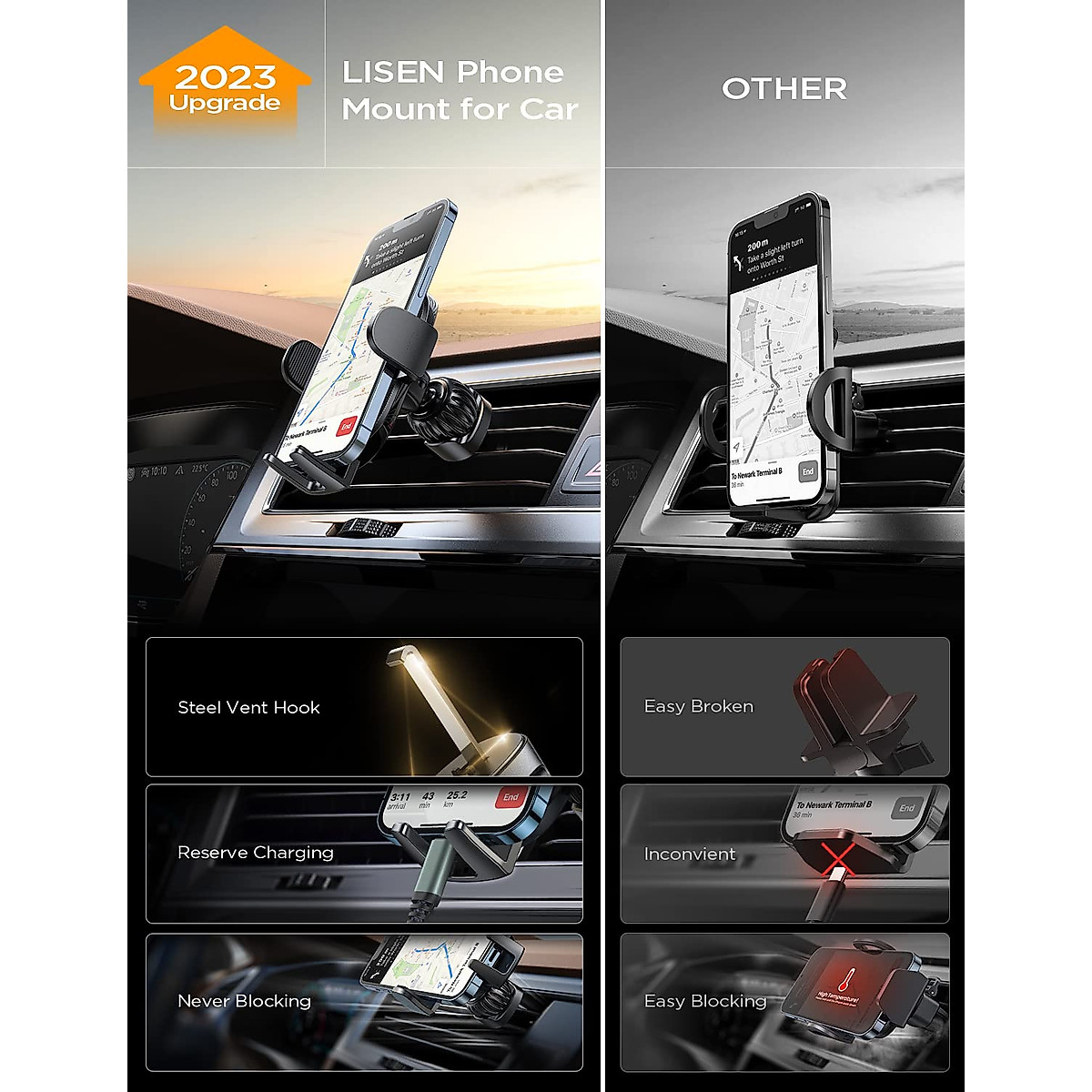 LISEN Phone Mount for Car [Ultla Stable] Phone Holder for Car Vent[Never Blocking] Steel Hook Clip Car Phone Holder Mount for iPhone 15 14 13 Pro Samsung Galaxy S223/S22/S21 All Phones