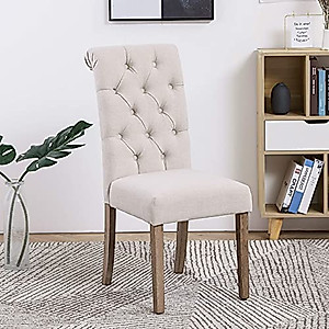 BTEXPERT BB5106-2 High Back Tufted Parsons Upholstered Padded Dining Room Chairs Side Wood Accent-Two Pack, Set of 2, Ivory Beige Linen Fabric
