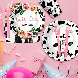 APOWBLS Moo Moo Im Two Birthday Decorations Tableware Girl - Cow 2nd Birthday Party Supplies, Plate, Napkin, Tablecloth, Fork, Holy Cow Two Year Old Birthday Party Decorations Dinnerware | Serve 24