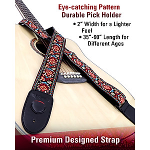 Stage Rocker Guitar Accessories Gift Box for Acoustic and Electric Guitars, Red Jacquard Weave Guitar Strap, Picks, Capo, Tuner, Cleaning Cloth, 5-in-1 Essential Gift