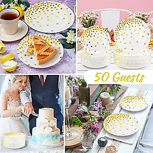 DYLIVeS White and Gold Paper Plates, 7 inch Metallic Foil Polka Dots Disposable Dessert Party Plates Cocktail Party Supplies Plates for Birthday, Bridal Shower, Easter, Graduation Party, 50 Pack