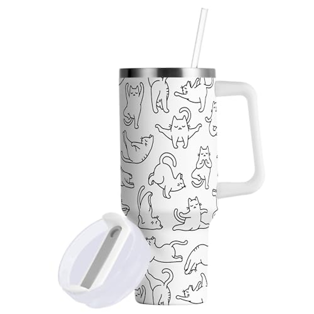 Joisal Cartoon Doodle Comic Cats 40 Oz Iced Coffee Tumbler with Handle and Straw Lid Travel Coffee Mug