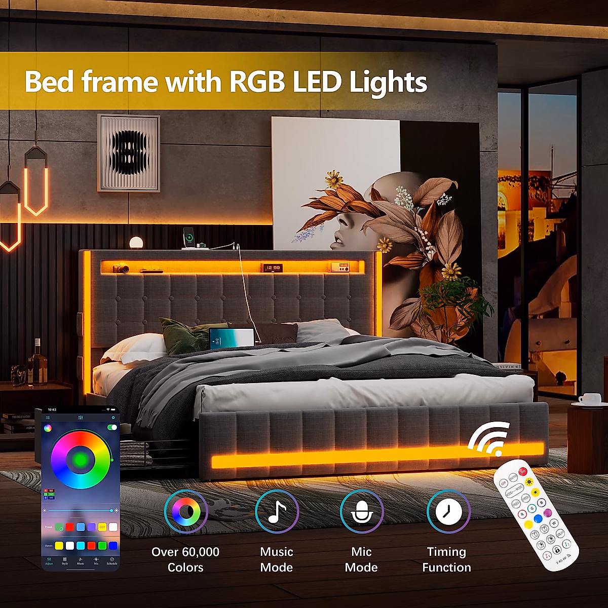 Dnxao Upholstered Queen Size Bed Frame with 4Storage Drawer,RGB LED Light,Charging Station,Adjustable Headboard,Slats Support,No Box Spring Needed,Dark Gray