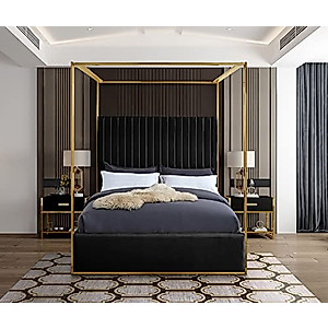 Meridian Furniture JonesBlack-K Jones Collection Modern | Contemporary Upholstered King Bed, Black Velvet, Channel Tufting, Brushed Brass Frame, 82.5" W x 86.5" D x 79" H, Black, King