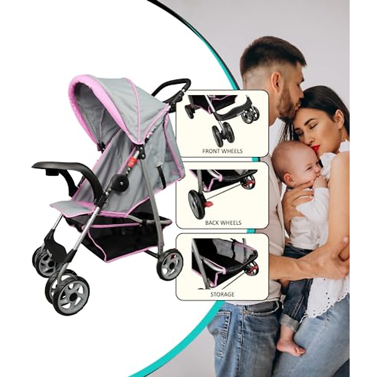 AmorosO Single Stroller - Baby Stroller with Four Wheels - Lightweight Stroller - Convertible Stroller with Extra Storage Space - Foldable Stroller with Sun Protection Hood Cover (Pink/Grey)