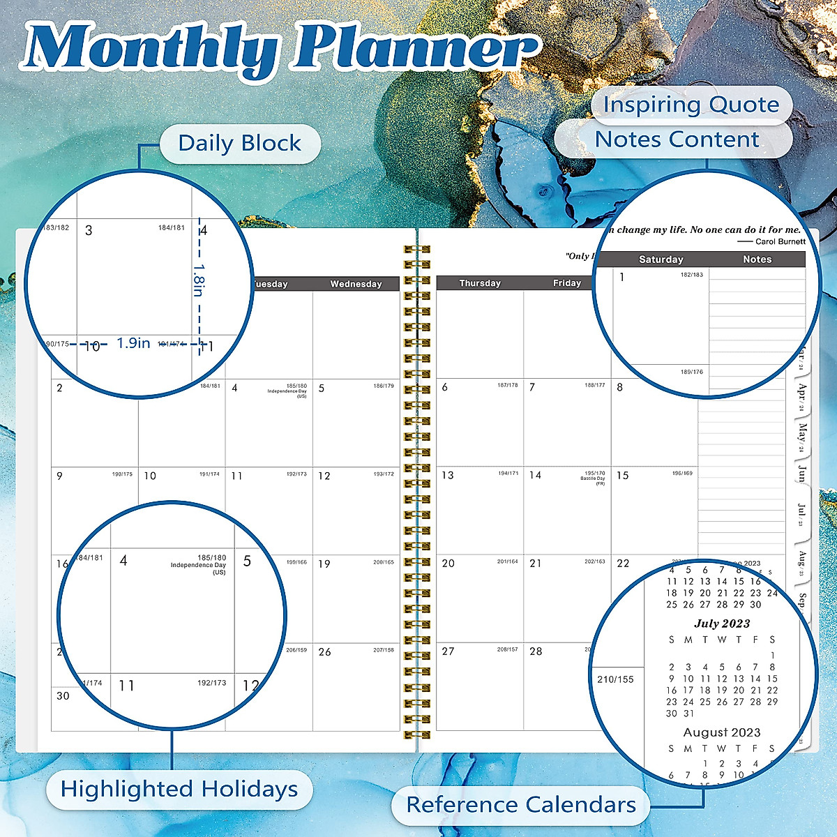 Monthly Planner/Calendar 2023-2025,2023-2025 Monthly Planner, Jul. 2023,Jun. 2025, 9x11, 24-Month Planner with Pocket & amp + Label + Thick Paper + Monthly Tabs + Twin-Wire Binding,Teal Waterink