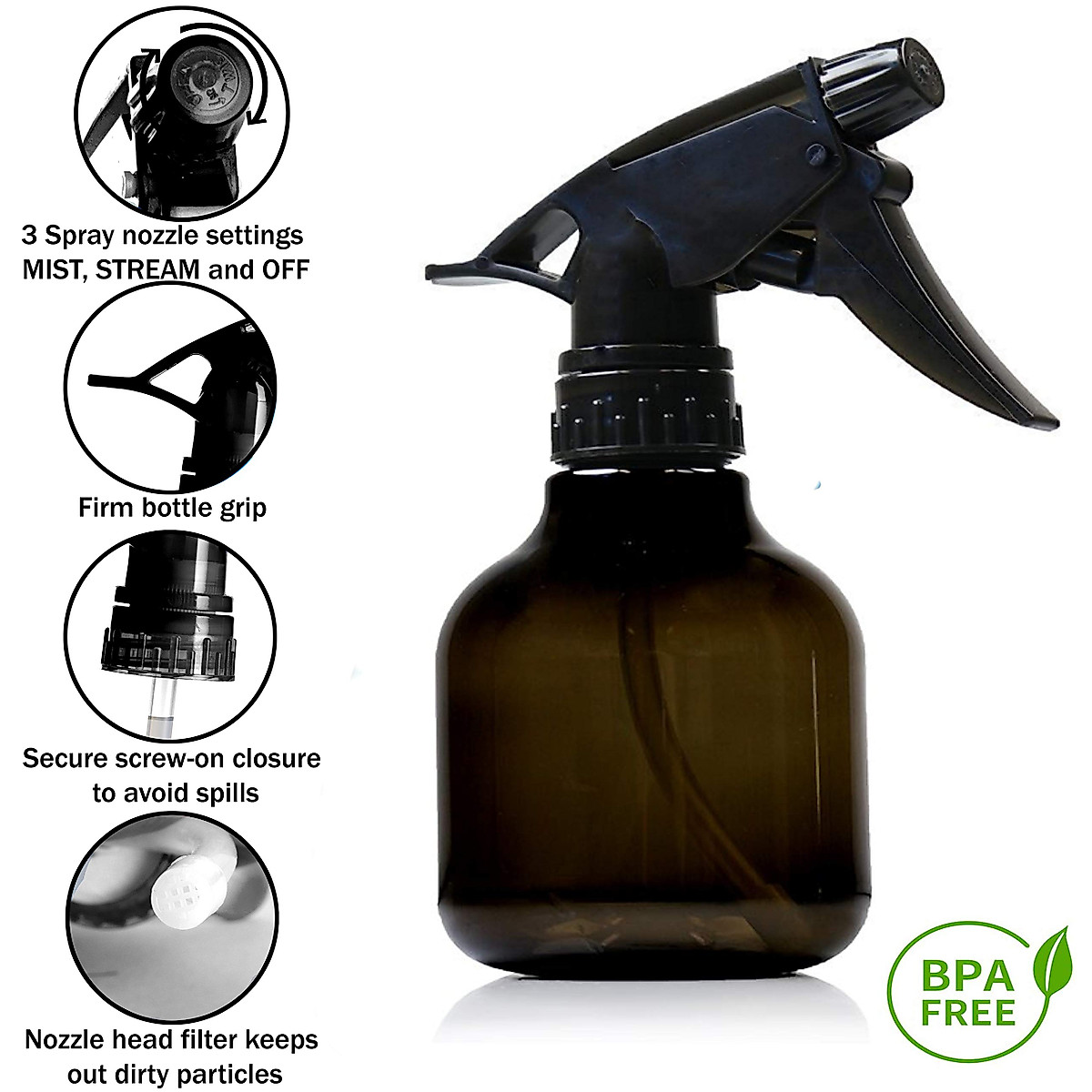 Nechtik Black Plastic Spray Bottles - 8 Oz, Pack Of 3, Leak Proof, BPA Free Material, Small Spray Bottle, Adjustable Trigger Mist to Stream And Off Modes.