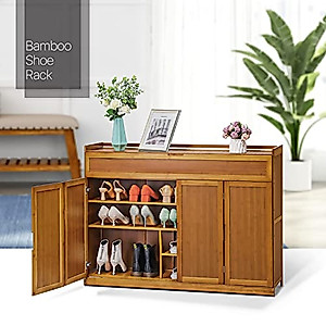 MoNiBloom Bamboo 5 Tier Freestanding Shoe Storage Cabinet Organizer Shelf Stand Unit Up to 25 Pairs for Boots Heels Sneakers Sandals, w/ Doors, Brown