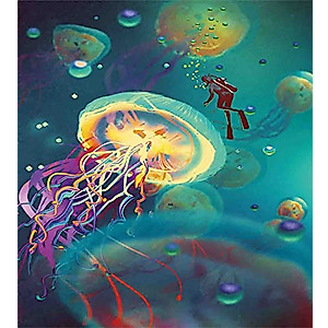 Ambesonne Fantasy Duvet Cover Sets, Giant Jellyfish and Diver in The Sea Underwater Submarine Aquatic Art Print, Bedding Set with 2 Duvet Covers 4 Pillowcases, 2 Pack Cal King Size, Teal Purple