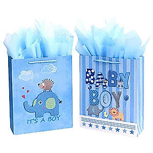 12.5" Medium Baby Gift Bags with Tissue Papers for Baby Showers 2-Pack (Blue)