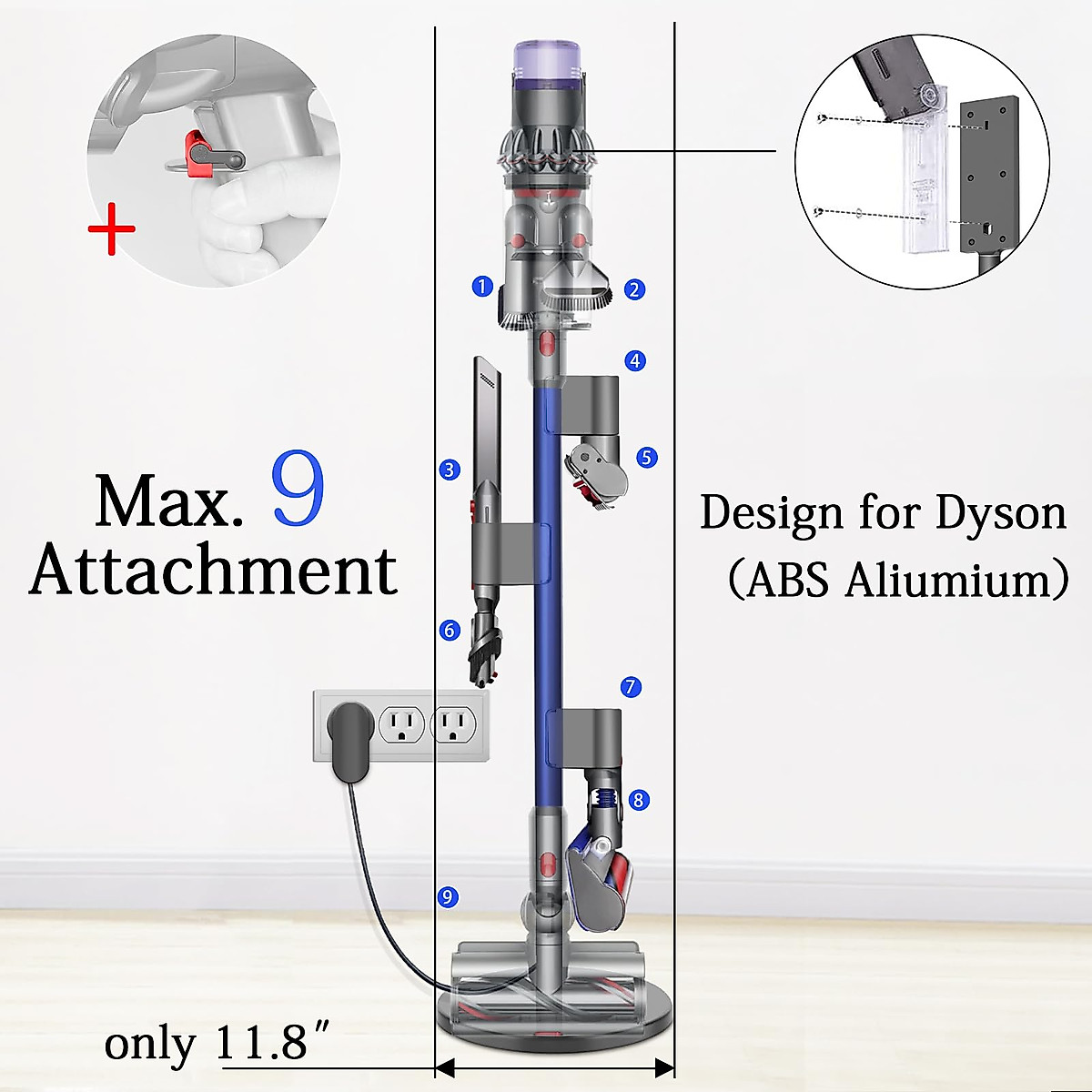Lasvea Vacuum Stand for Dyson V15 Detect,V12,V11,V10,V8, V7-Sturdy Aluminum Tube Storage Holder, 6.2 Lbs Steel Base,3 accessory clips for Up to 9 Attachments & Charger, With Trigger Lock