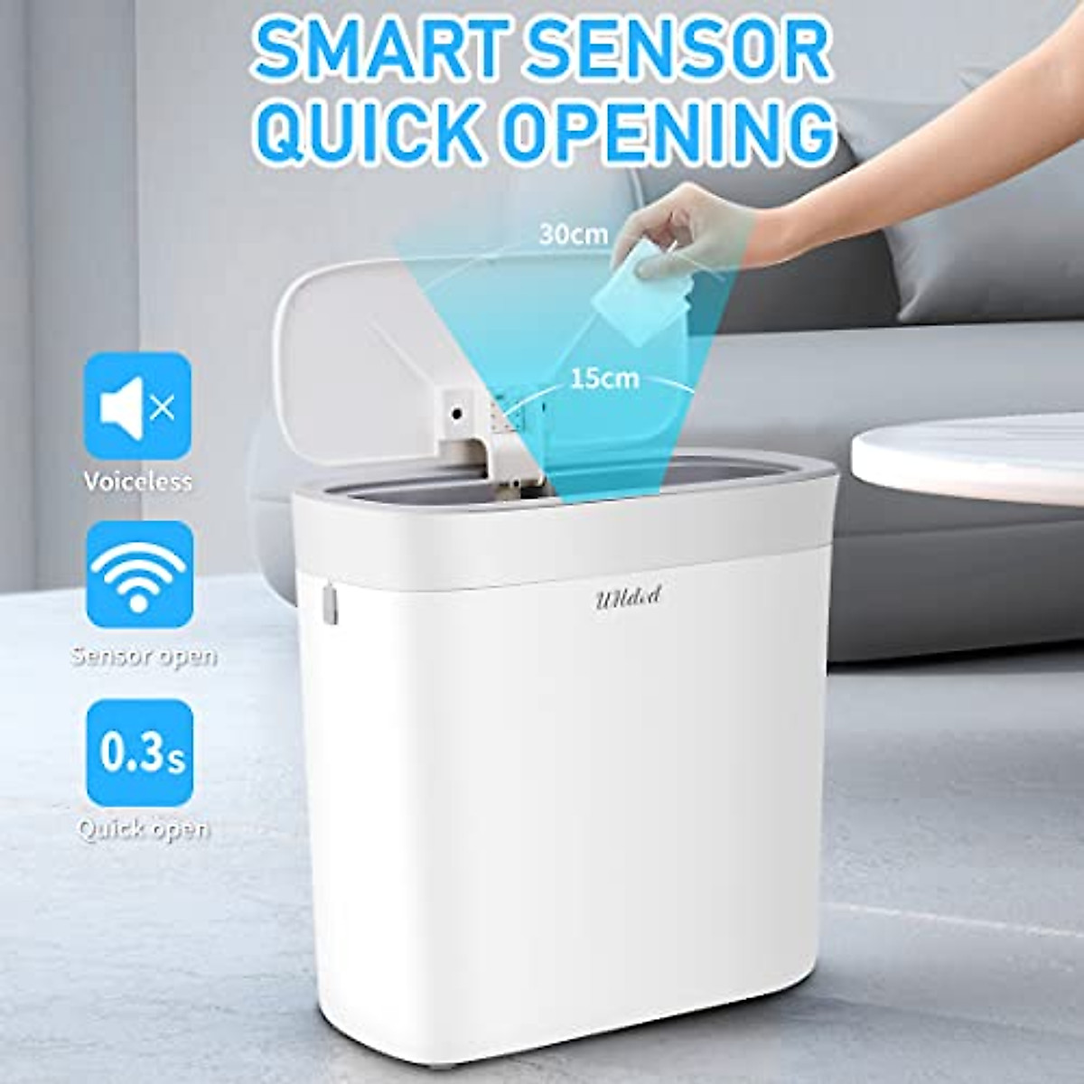 UHdod Touchless Bathroom Trash Can with Lid, 3.2 Gallon Automatic Motion Sensor Smart Trash Bin, Slim Plastic Narrow Garbage Can for Bathroom, Kitchen, Office, Living Room White