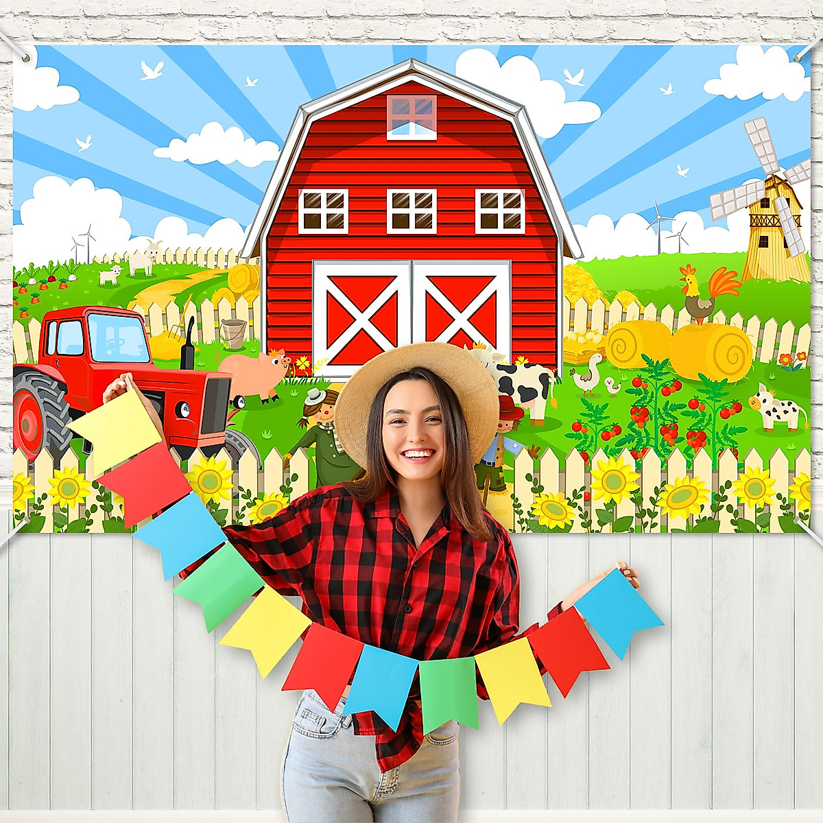 Avezano Red Farm Birthday Backdrop Barn Farm Birthday Party Banner Farm Animals Theme Baby Shower Party Decorations Background 70.8x43.3 inch
