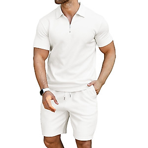 KUYIGO Men's Polo Shirt and Shorts Set Summer White Beach Outfits for Men2 Piece Tracksuit White 3XL
