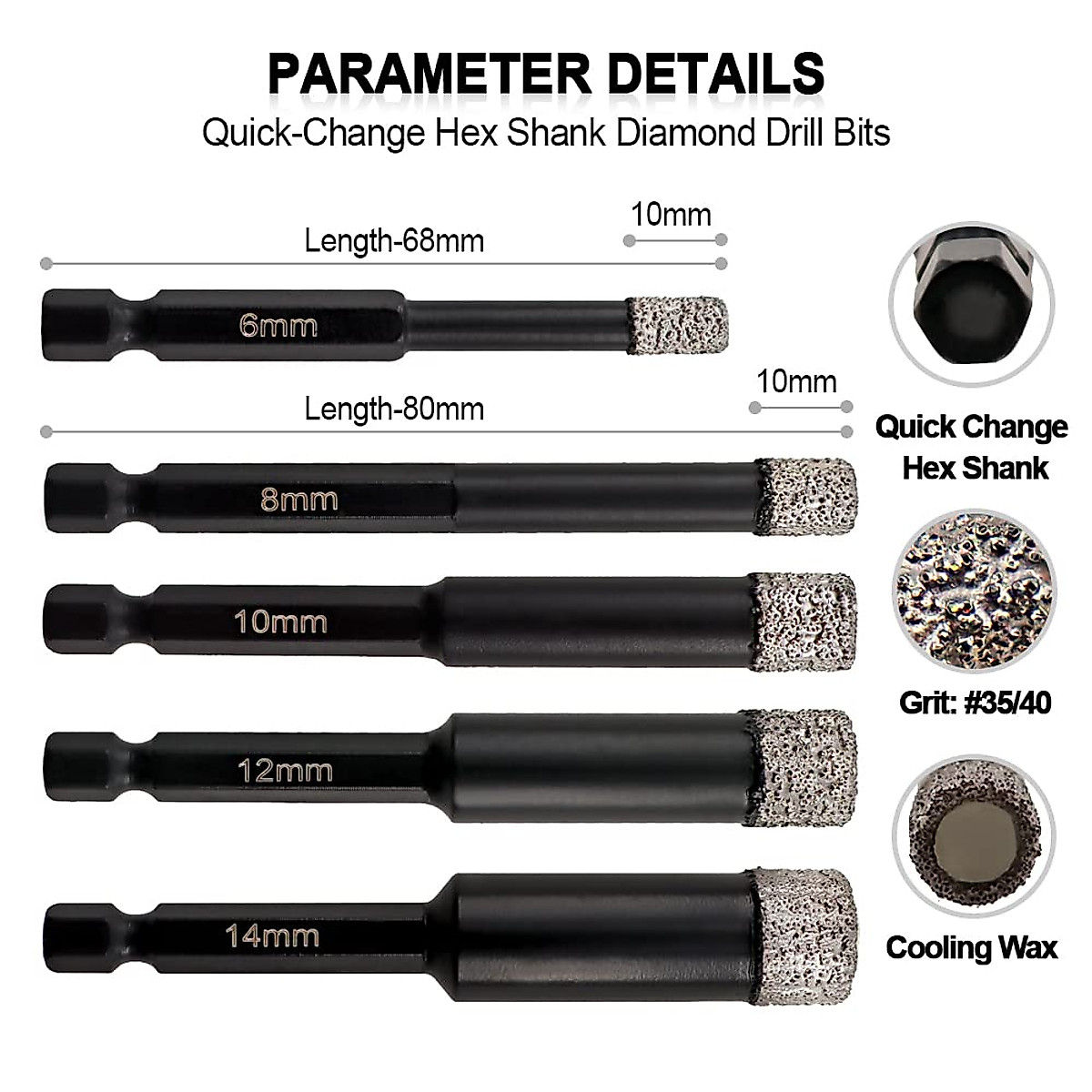 SHDIATOOL Dry Diamond Drill Bits Set for Porcelian Tiles Marble Granite Quick Change Hex Shank Stone Hole Bits(6/8/10/12/14mm) 5pcs