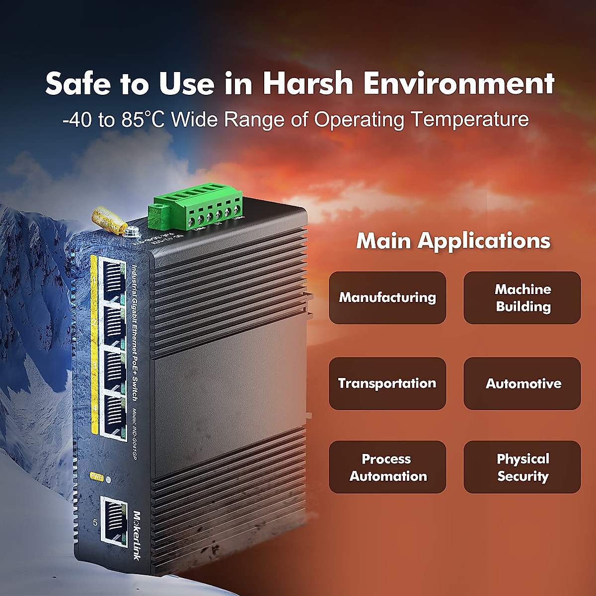 MokerLink 5 Port PoE Gigabit Industrial DIN-Rail Ethernet Switch, 14Gbps Switching Capacity, IP40 Rated Network Switch (-40 to 185°F), with UL Power Supply