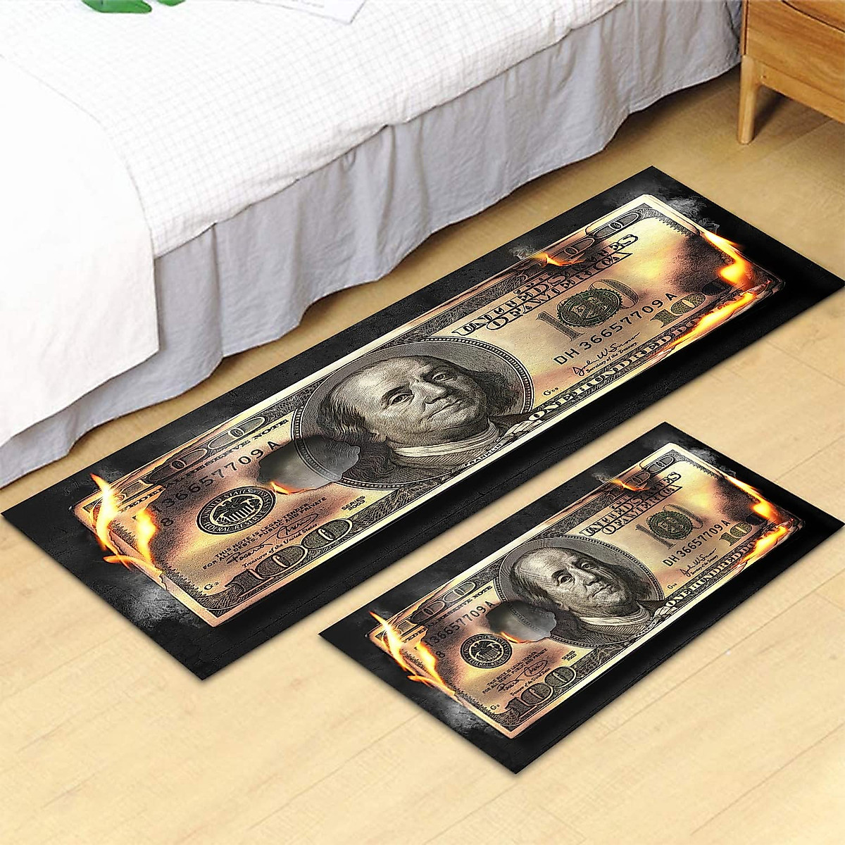 DVKKHD Money Kitchen Rugs Washable Burning 100 Dollar Bill Bathroom Rug Set 2 Piece Modern Kitchen Mats for Floor Non Skid Entryway Rug for Bedroom Home Decor Carpet Runner 17.7”x29.5”+17.7”x59”