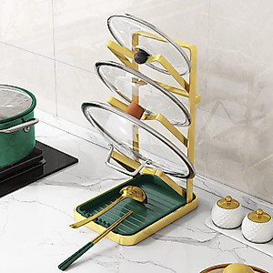 Pot Lid Holders 3 Layer With Removable Drain Tray Lid Stand Rack for Kitchen Cooking Pot Lid Organizer Spoon Rest Holder Cutting Boards Gold Rack