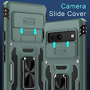 DEERLAMN for Pixel 7a Case,Google Pixel 7a Case with Slide Camera Cover+Screen Protector(2 Packs),Rotated Ring Kickstand Military Grade Shockproof Protective Cover-Green