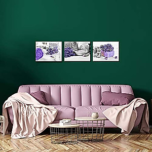SkenoArt 3 Piece Black and White Wall Art Purple Lavender Flower Pictures Spa Treatment Salt and Towel Artwork Print on Canvas for Bathroom Salon Spa Room Decoration Framed Ready to Hang 12"x16"x3pcs