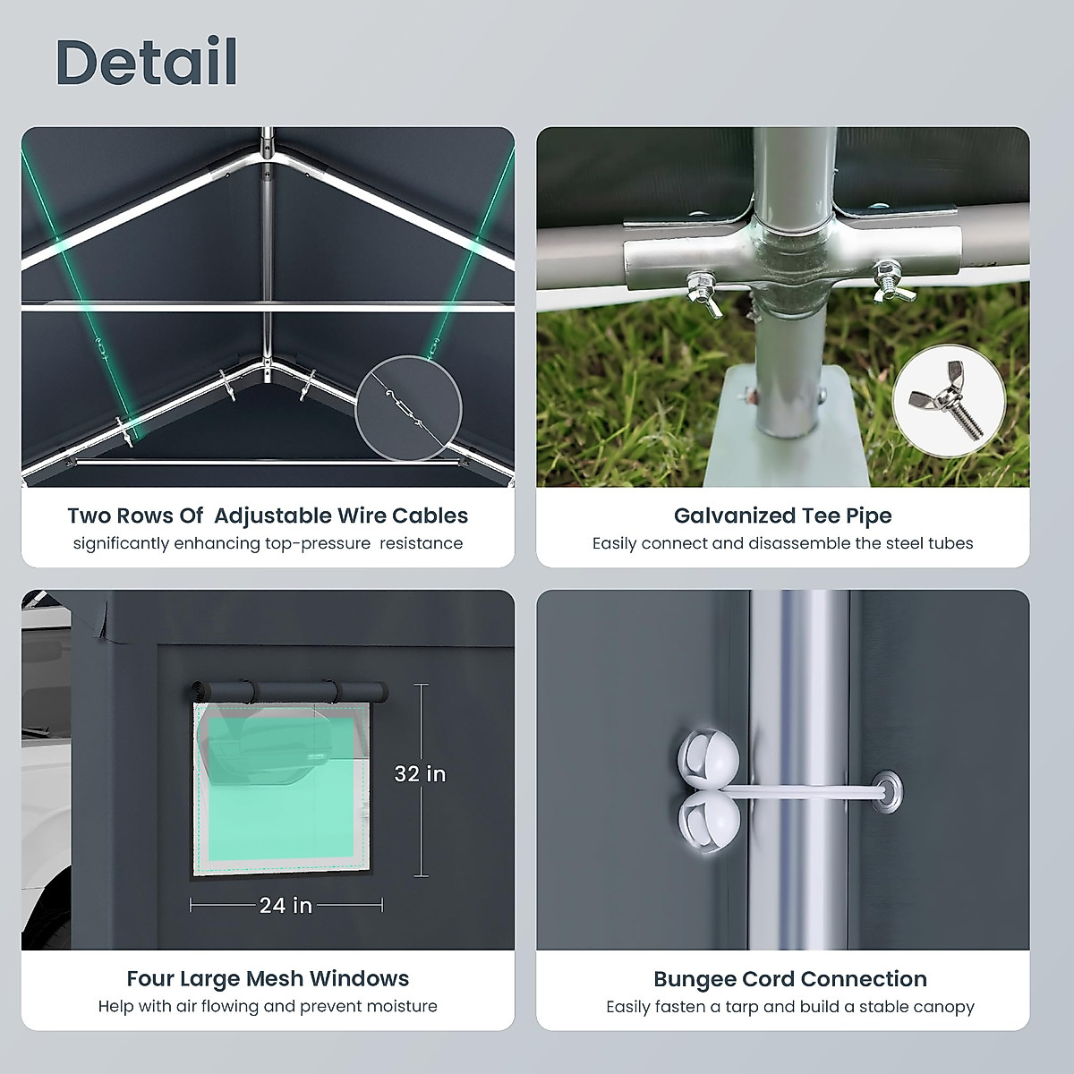 PHI VILLA 13'x24'x9.6' Outdoor Portable Storage Shelter Shed Garage with Roll up Zipper Doors & Vents Carport for Motorcycle Waterproof and UV Resistant Anti-Snow Portable Garage Kit Tent, Gray