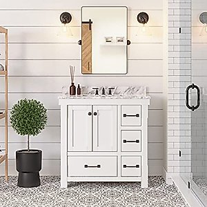 Tuscany 36-inch Bathroom Vanity (Carrara/White): Includes White Cabinet with Authentic Italian Carrara Marble Countertop and White Ceramic Sink