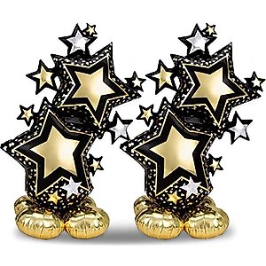 Black Gold Star Balloons, 2 Pcs Standing Foil Star Balloon, 32 Inch Thickened Large Mylar Star Balloons for Birthday Party Graduation Baby Shower Anniversary Engagement Bachelorette Decorations