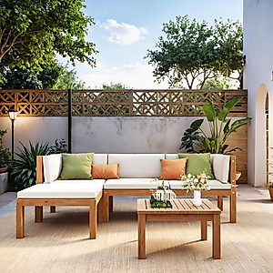 Devoko 5 Pieces Outdoor Sectional Couch Patio Sectional Sofa with Acacia Wood Coffee Table, Outdoor L-Shaped Couch with All-Weather Cushion for Patio,Deck,Backyard(White)