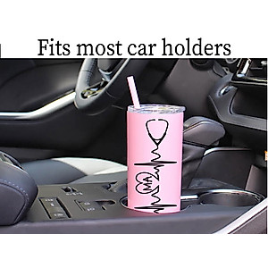 Heartbeat Nurse's Personalized 20 oz Stainless Steel Skinny Tumbler with Custom Stethoscope Vinyl Decal by Avito - Includes Straw and Lid - Nurse RN,CNA - Nurse Gift