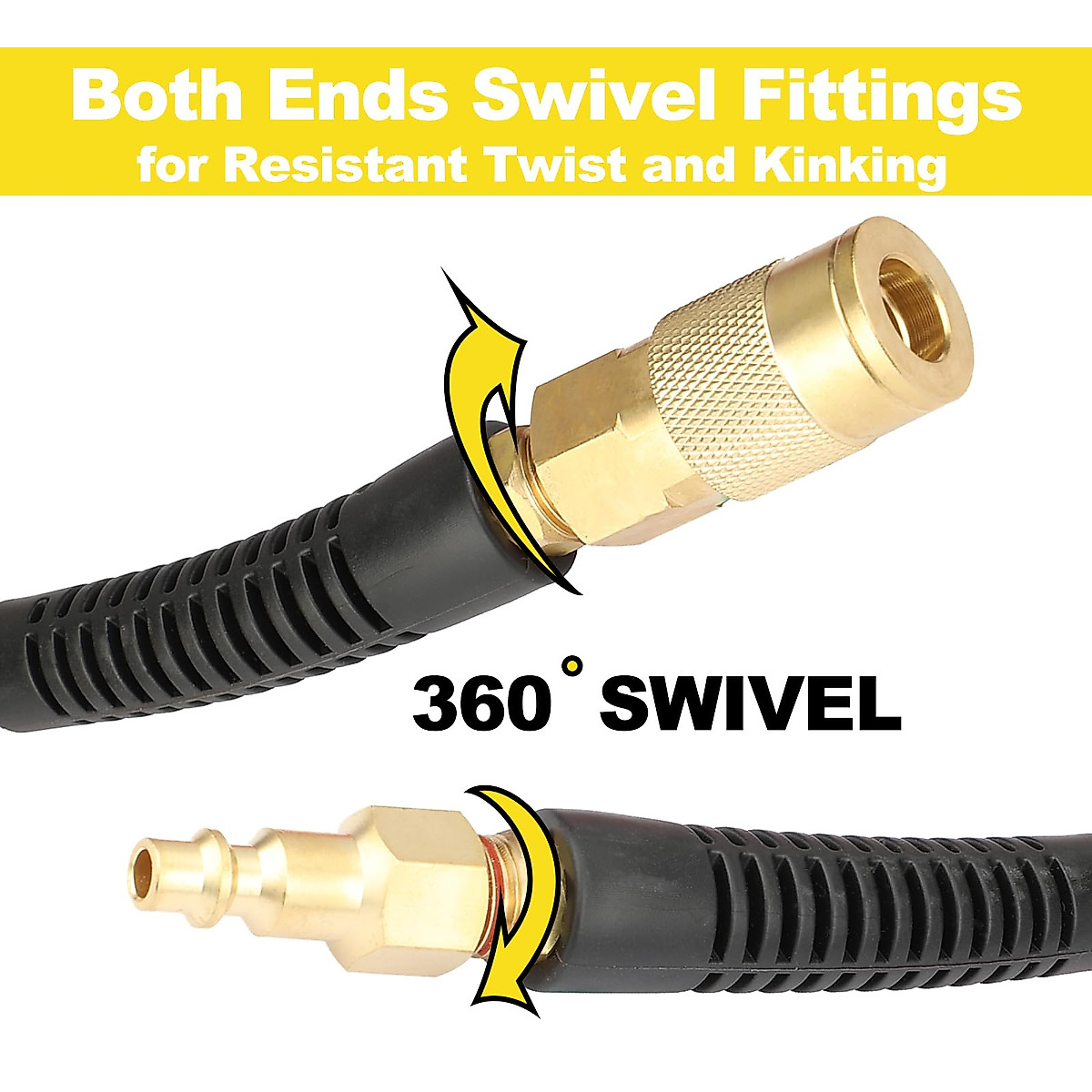 YOTOO Reinforced Polyurethane Air Hose 1/4" Inner Diameter by 100' Long, Flexible, Heavy Duty Air Compressor Hose with Bend Restrictor, 1/4" Swivel Industrial Quick Coupler and Plug, Yellow