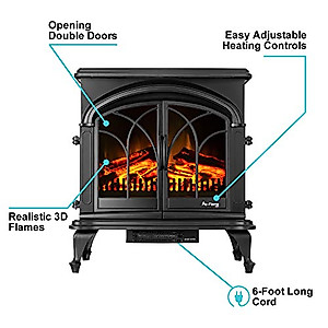 e-Flame USA 28" XL Denali Portable Freestanding Electric Fireplace Stove - 3-D Log and Fire Effect (Black)