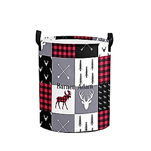 Personalized Laundry Baskets Bin, Buffalo Plaid Deer Woodland Laundry Hamper with Handles, Collapsible Waterproof Clothes Hamper, Laundry Bin, Clothes Toys Storage Basket for Bedroom, Bathroom, College Dorm 50L
