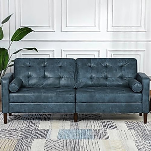 Lesofair 80" Faux Leather 2-seat Sofa with 2 Bolster Pillows, Tufted Loveseat with Wooden Legs, Modern Couch Suitable for Living Room, Office, Blue