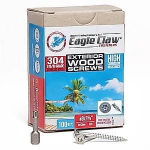 #8 X 1 5/8 Inch Stainless Steel Wood Screws 100 Pieces | Flat Head T20 Star Torx Drive | 304 Grade Stainless Steel Deck Screws | Allen's Trading Co. Eagle Claw Fasteners (Driver Bit Included)