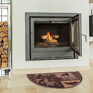 Cozy Floor Mats Fireplace Hearth Rug, Nature Cottage Bear Deer Elk, 26"x 39" Brown Beige Green Red, Half Circle, Fire Heat Resistant Mat, Half Moon Shape, Non Slip Kitchen Rug, Cabin Lodge 2'2"x 3'3"