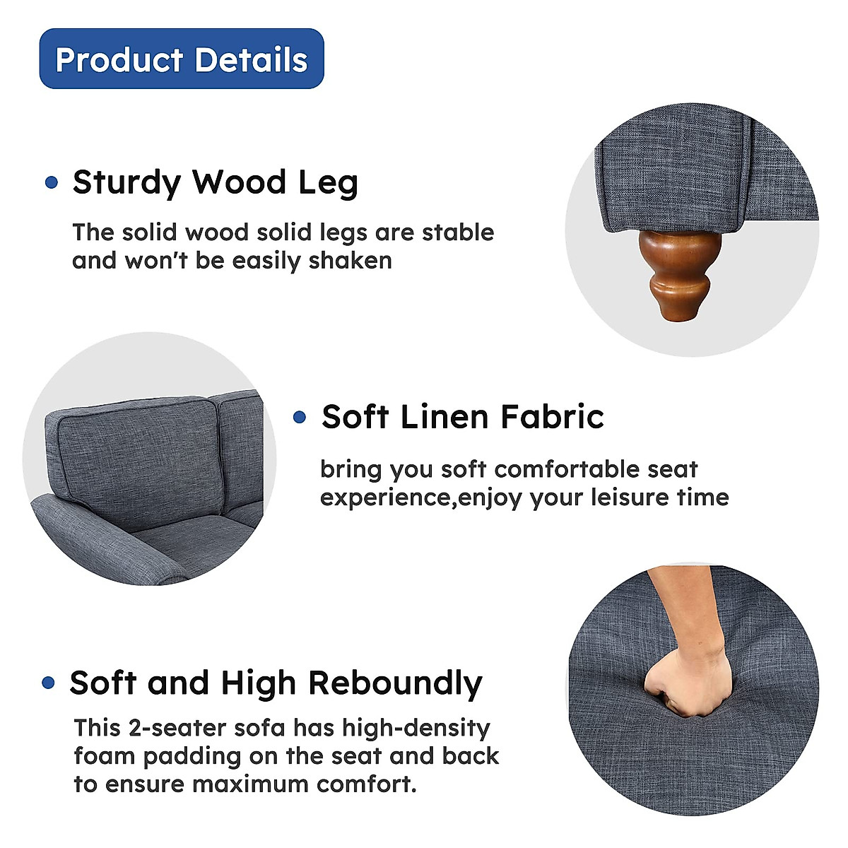 EBELLO Modern Linen Fabric Loveseat Sofa, Upholstered 2-seat Sofa Couch Wood Frame and Sturdy Legs for Living Room Bedroom Office, Dark Blue