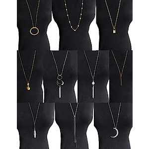 Ofeiyaa 10Pcs Long Pendant Necklace Simple Moon Bar Three Triangle Tassel Lock Sweater Y Shape Punk Chain Choker Necklace for Women Men Gold Silver Tone (E:10Pcs (Lock))