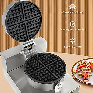Dyna-Living Waffle Maker Commercial Waffle Maker Machine 110V 1200W Non-stick Waffle Iron Maker Stainless Steel Round Commercial Waffle Maker for Restaurant