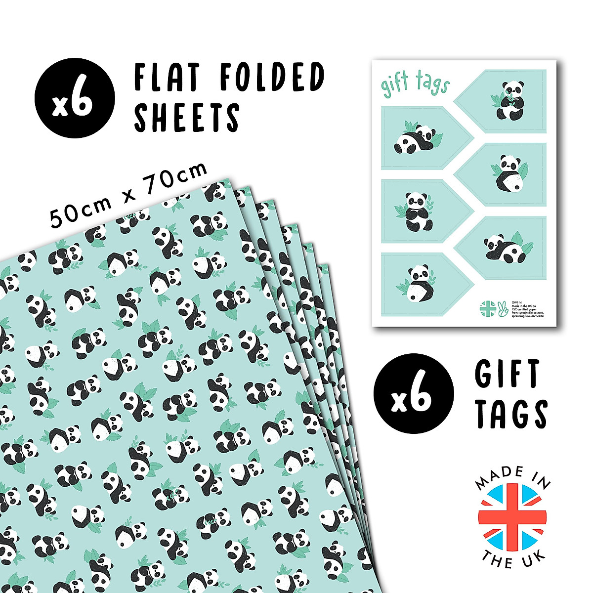 CENTRAL 23 - Green Wrapping Paper - 6 Sheets Gift Wrap - Birthday Pandas - Animals - For Men Women Boys Girls New Baby - Recyclable