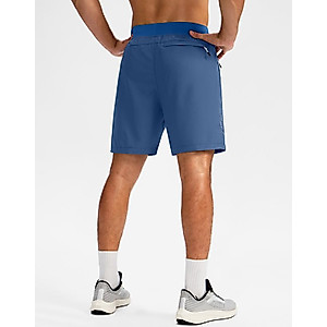Pudolla Men's Workout Running Shorts with 3 Zipper Pockets Lightweight 7" Gym Shorts for Men Athletic Walking Hiking(Dusty Blue Medium)