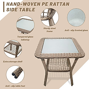 J.M.Deco Outdoor Swivel Rocker Patio Chairs Set of 2 and Matching Side Table - 3 Piece Wicker Patio Bistro Set with Premium & Soft Fabric Cushions for Porch, Backyard, Balcony (Light Brown)