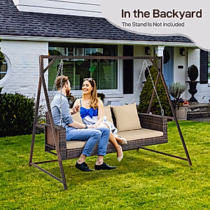 Outvita Porch Swing, 5FT Hanging Outdoor Porch Swings for Adults, Wicker 3 Person Patio Swing, with Cushion, Pillow and Chain for Garden, Backyard, Weight Capacity - 1000lbs